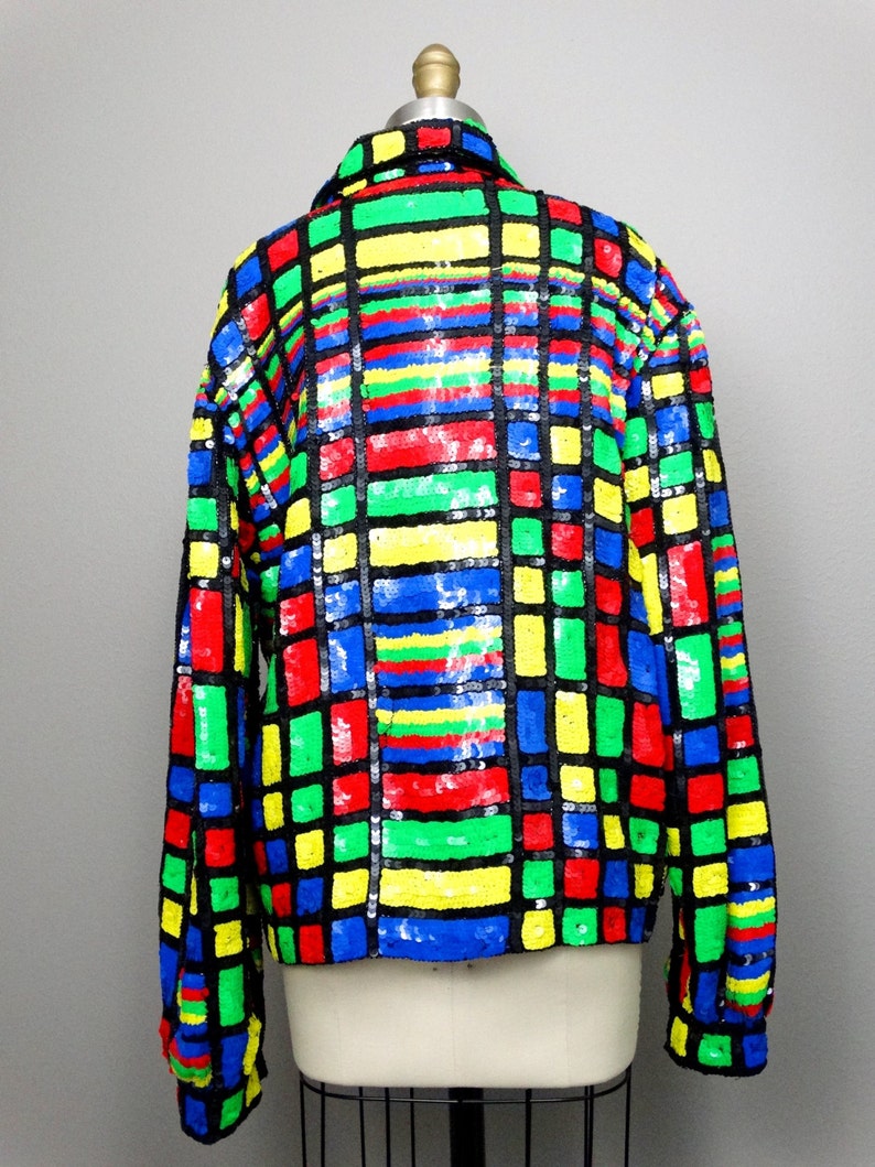 80s Color Block Sequined Moto Jacket / Bright Retro Sequin | Etsy