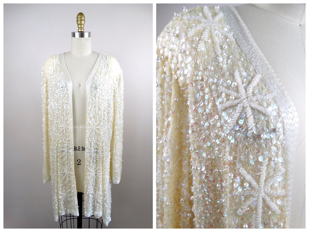 Iridescent Pearl Beaded Long Jacket / Sheer Ivory Silk Sequin Duster ...