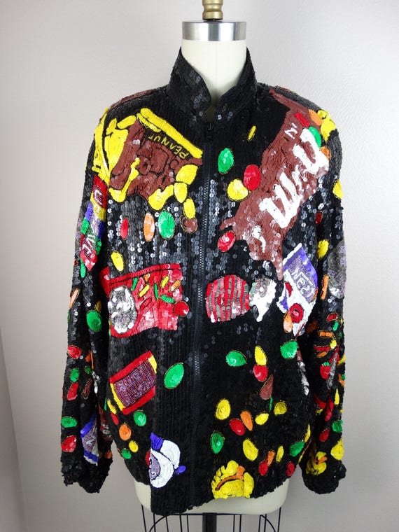 80s Sequin Bomber Jacket // RETRO Chocolate Candy Seq… - Gem