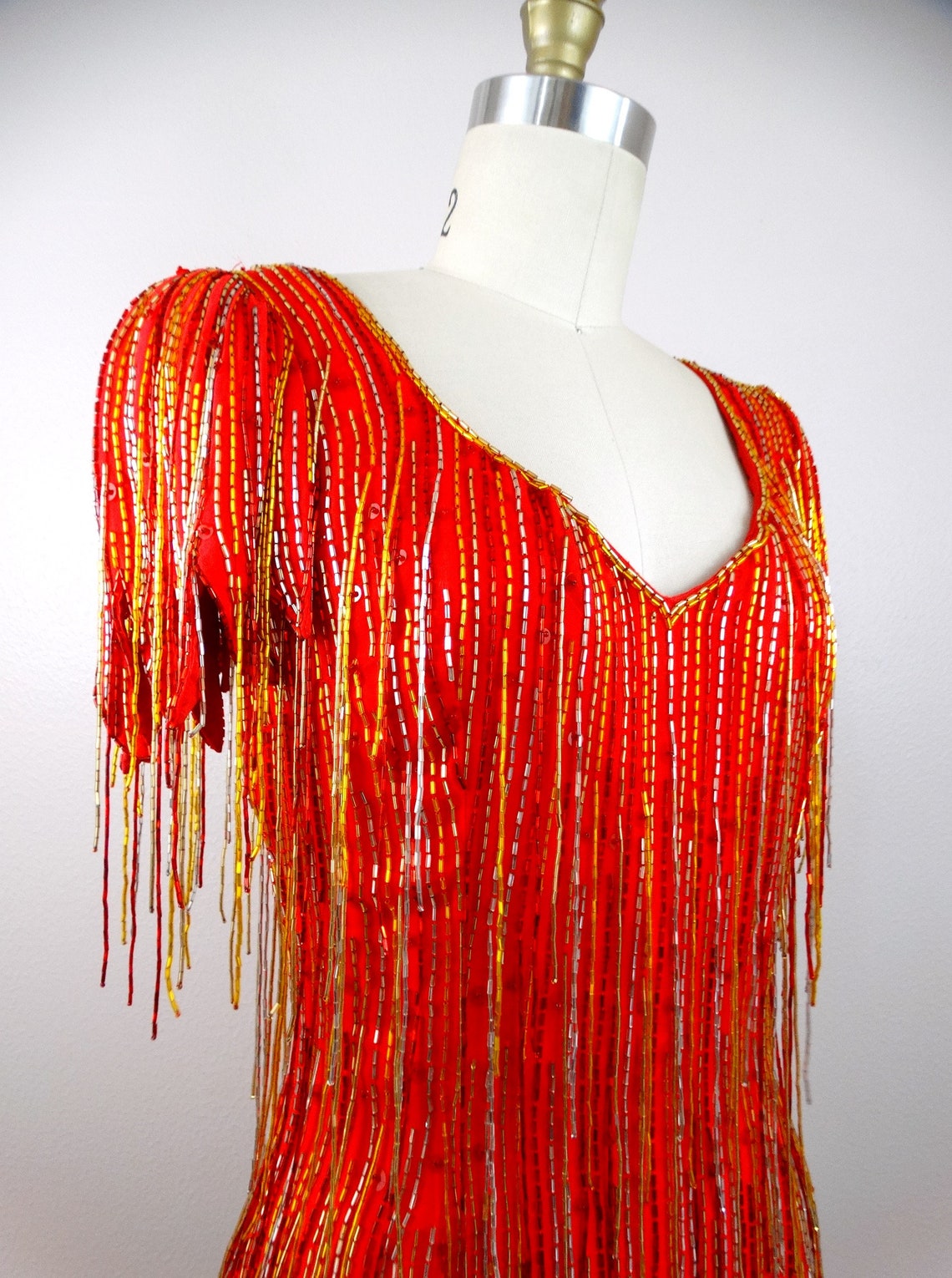 80s 90s All Over Fringe Beaded Dress / Red and Gold Couture Cocktail ...