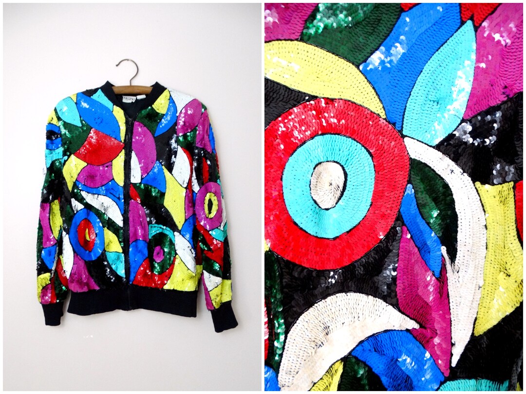 Funky Retro Sequined Jacket // RARE Sequin Bomber Jacket // Bright Neon ...