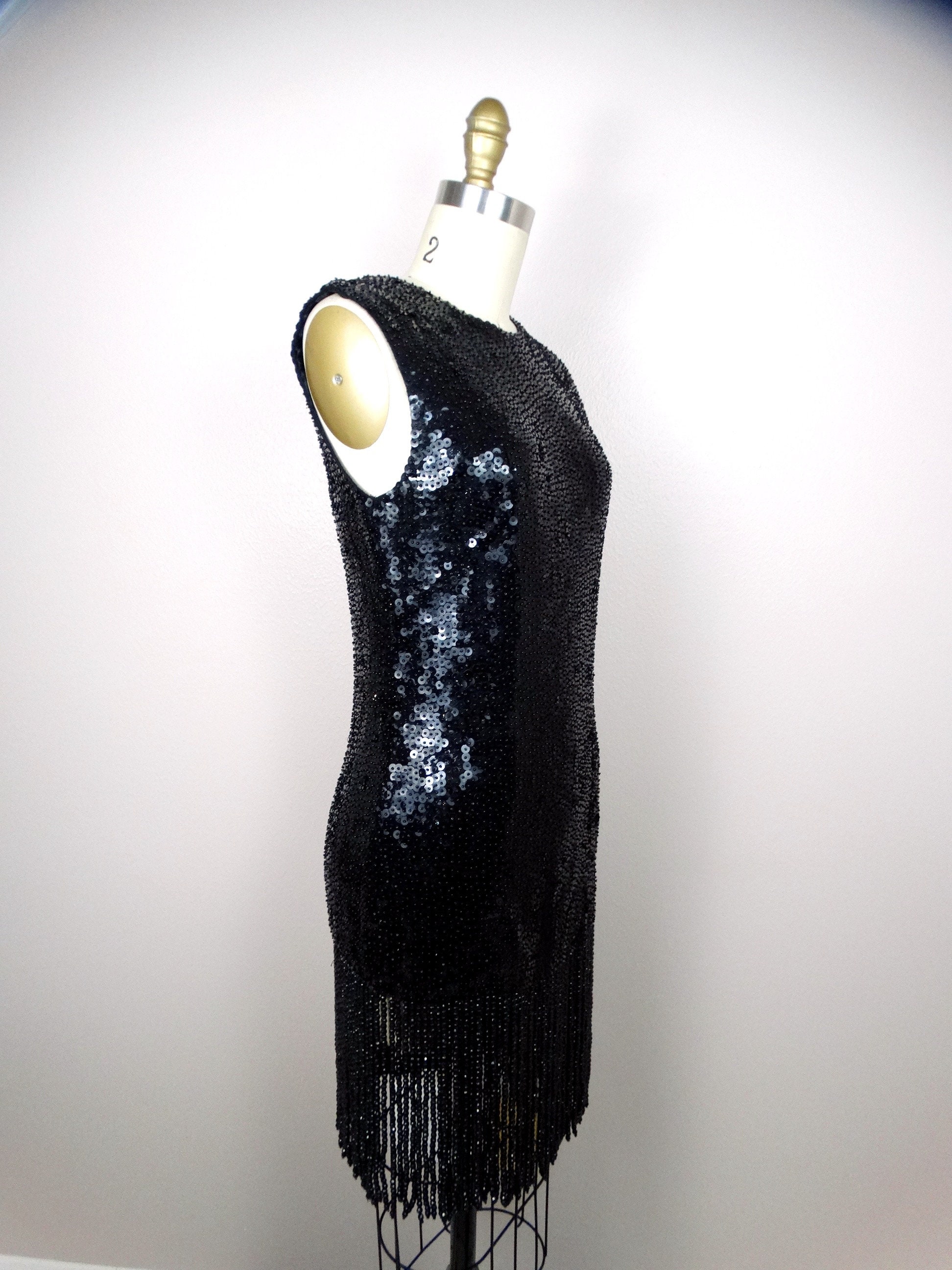 60s Valentina Fringe Beaded Micro Mini Dress // Vintage Black Sequin ...