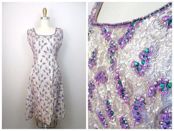 50s 60s Crystal Beaded Dress / 1950’s 1960’s Emerald … - Gem