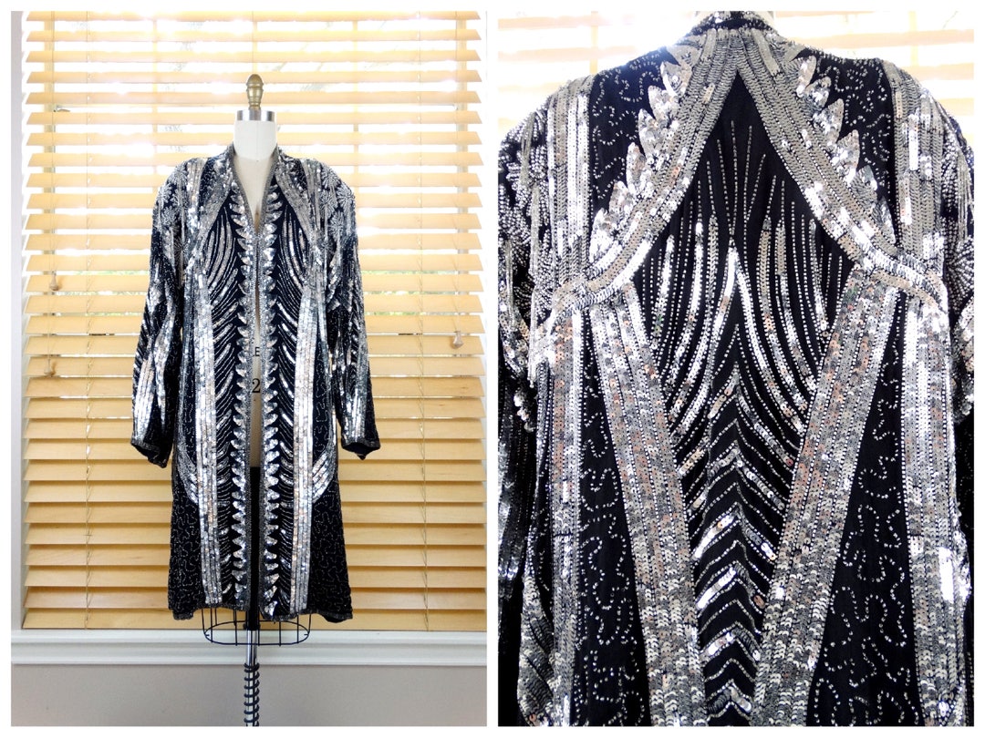 VTG Sequin Beaded Duster Coat / Bohemian Novelty Open Kaftan / Black ...