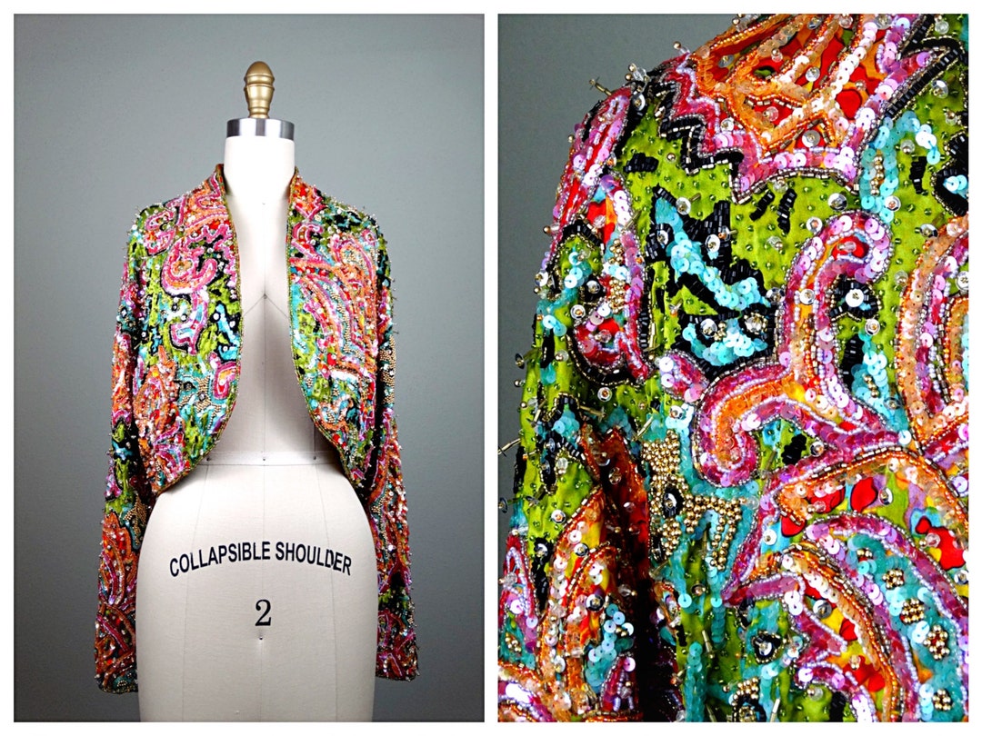 RARE Gold Beaded Sequined Mini Jacket // Vintage Colorful Paisley ...