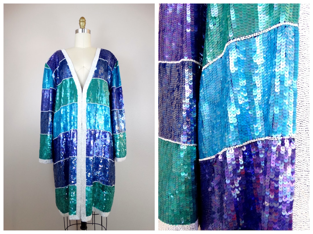 RARE Vintage Sequin Duster: Striped Long Jacket, Beaded Trim - Etsy