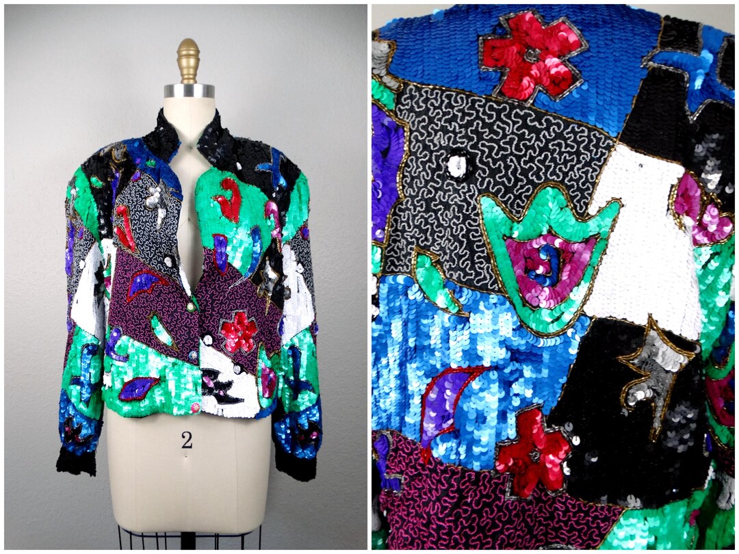 Colorful Sequin Bomber Jacket / 80's Retro Bright Colorblock Sequined ...
