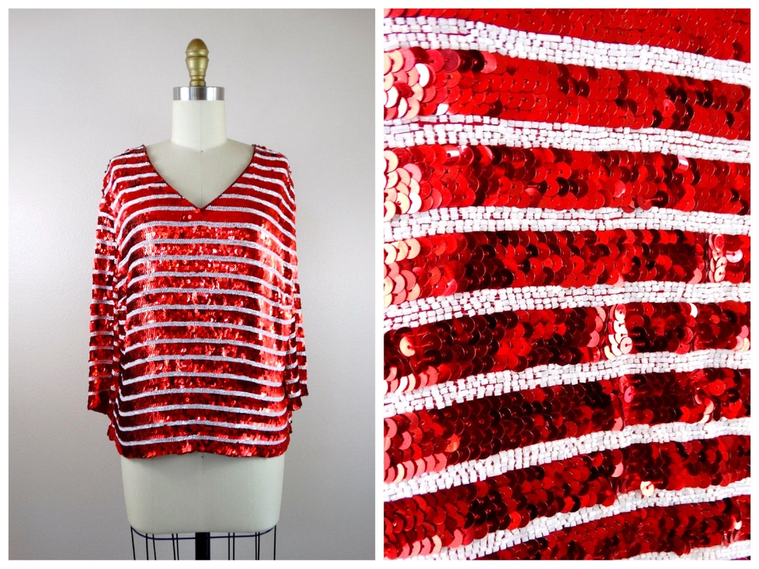 S/M Red Sequin White Beaded Top / Flashy Disco Party Sequined Silk ...
