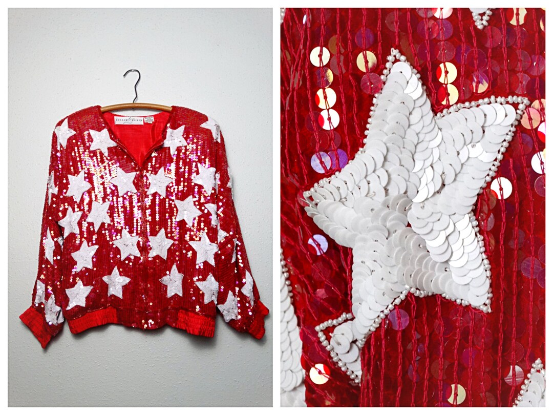 80s Sequin Bomber Jacket / 1980's Red & White Beaded Stars Jacket ...