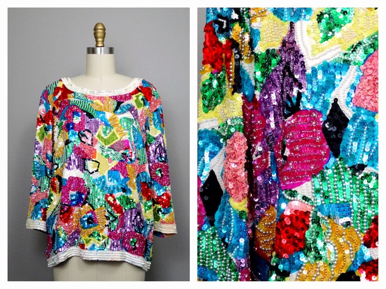 Rainbow Beaded Sequin Top // Colorful Sequined Blouse // Silk - Etsy