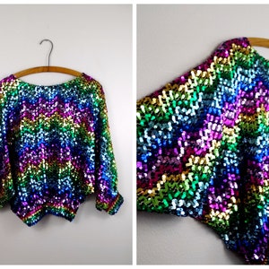 70s Rainbow Stripe Sequin Oversized Pullover Blouse // Colorful 1970s Chevron Sequined ...