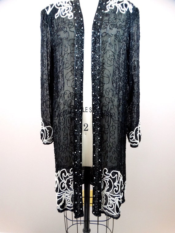 Judith Ann Beaded Sheer Duster / Black Silk Pearl Emb… - Gem