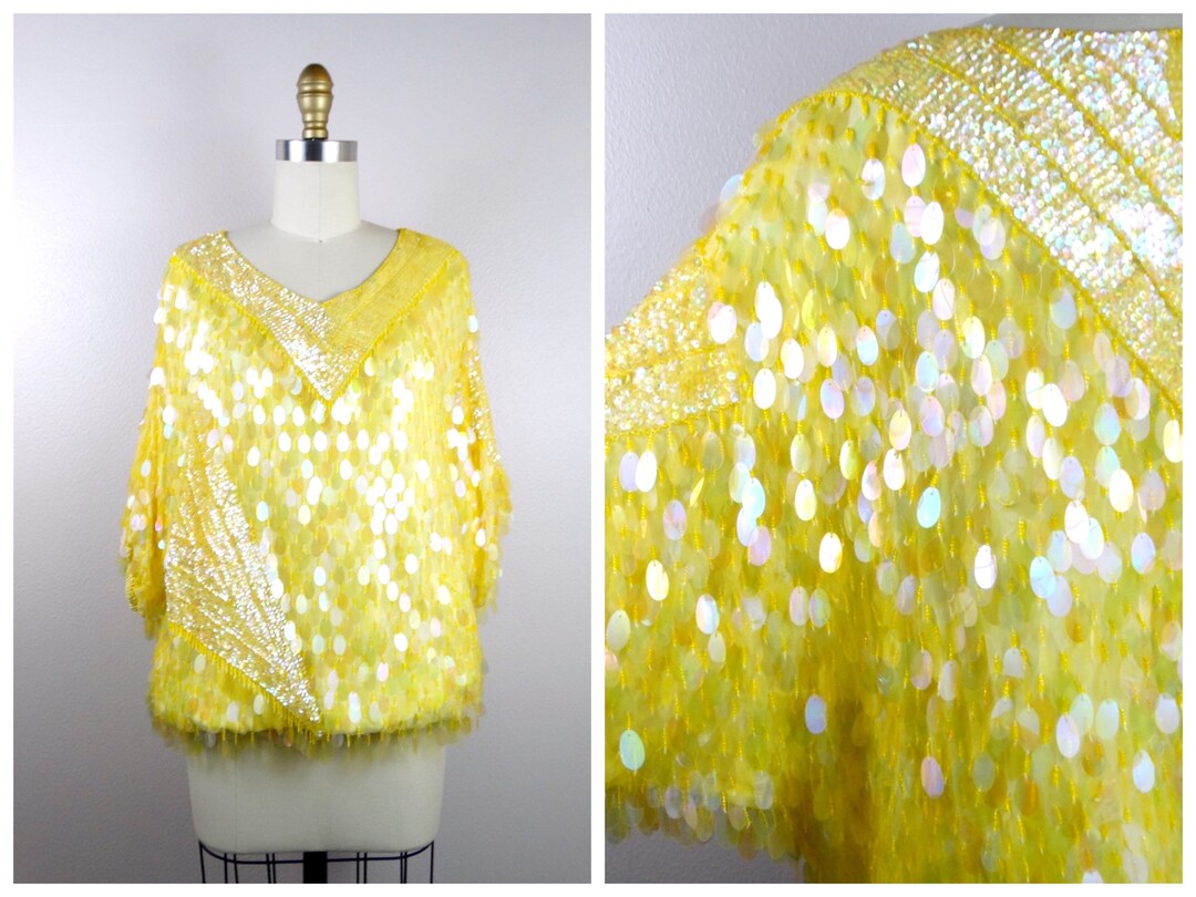Plus Size Yellow Paillette Top / Iridescent Pastel Silk Sequined Top XL ...