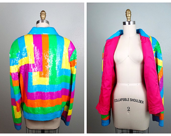 STUNNING Neon Sequined Jacket / Bright Retro Sequin Bomber Jacket ...