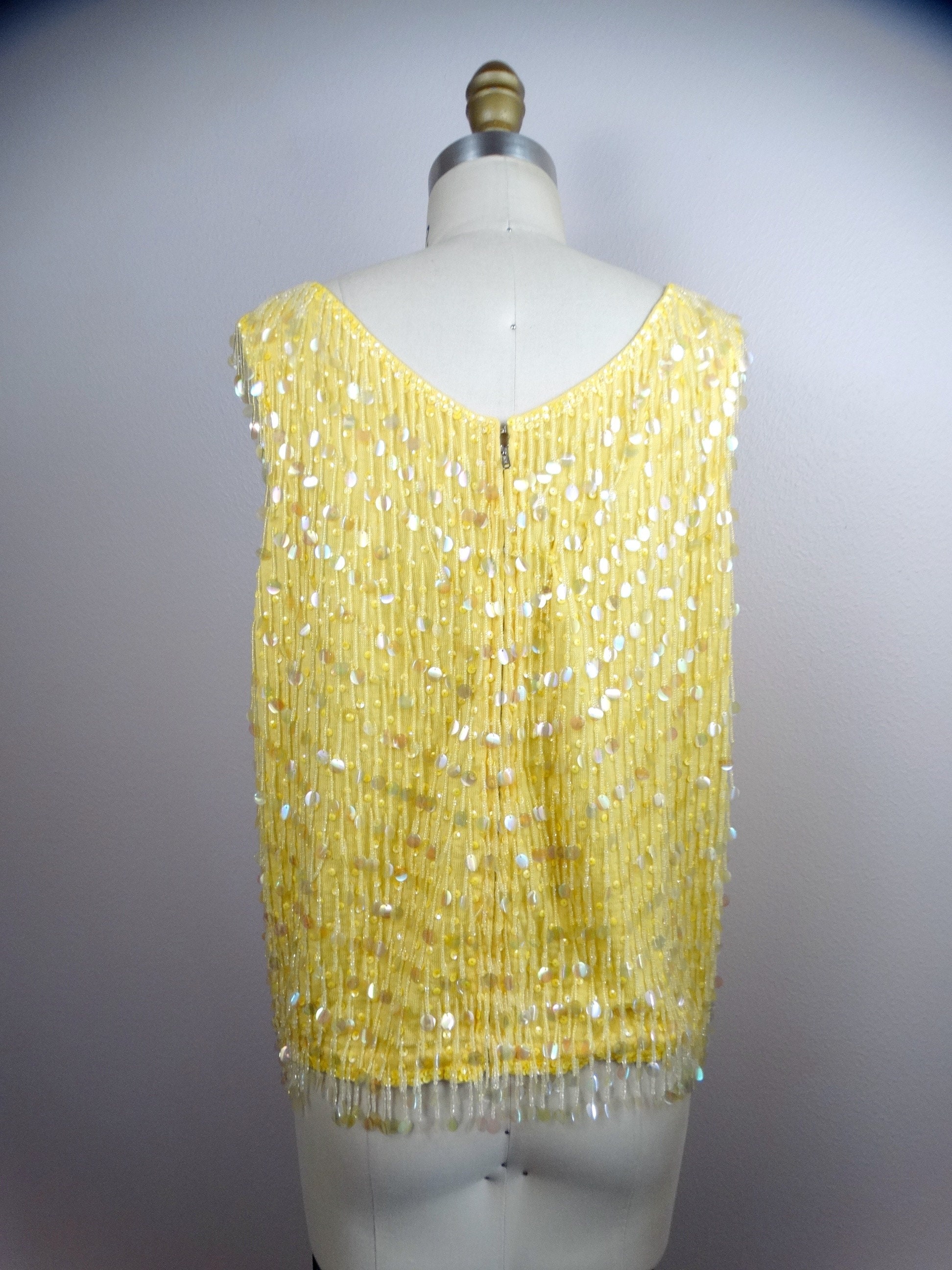 50s Paillette Sequin Fringe Beaded Top // 1950’s Pastel Yellow Sequined ...