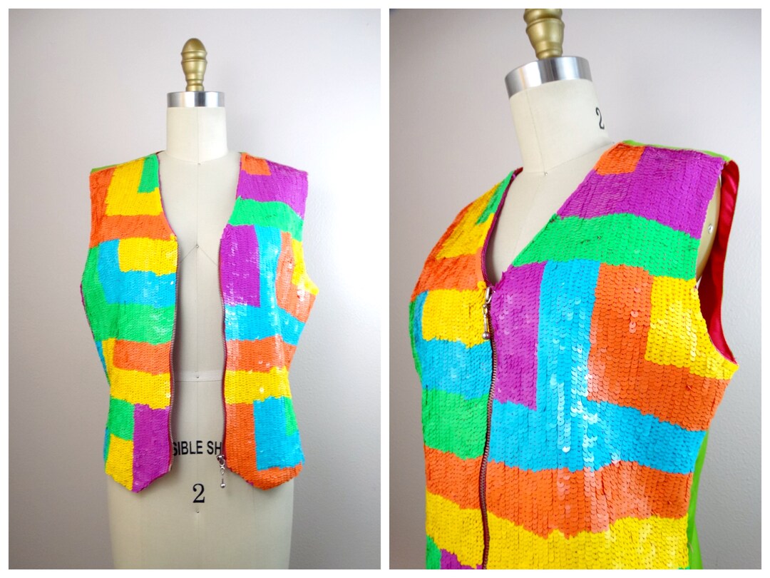 VTG Neon Sequin Retro Color Block Vest // Bright Colorblock - Etsy