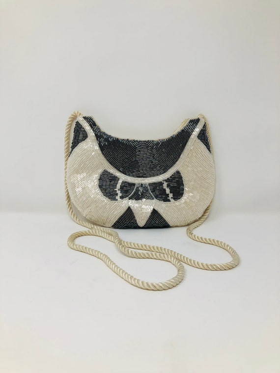 Novelty Beaded Bag / Big Owl Face Purse / Black and I… - Gem