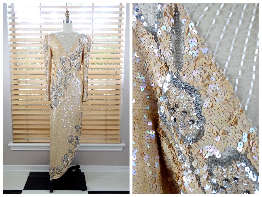 Cream Sequin Beaded Gown • Iridescent Ivory and Silver Beaded Dress ...