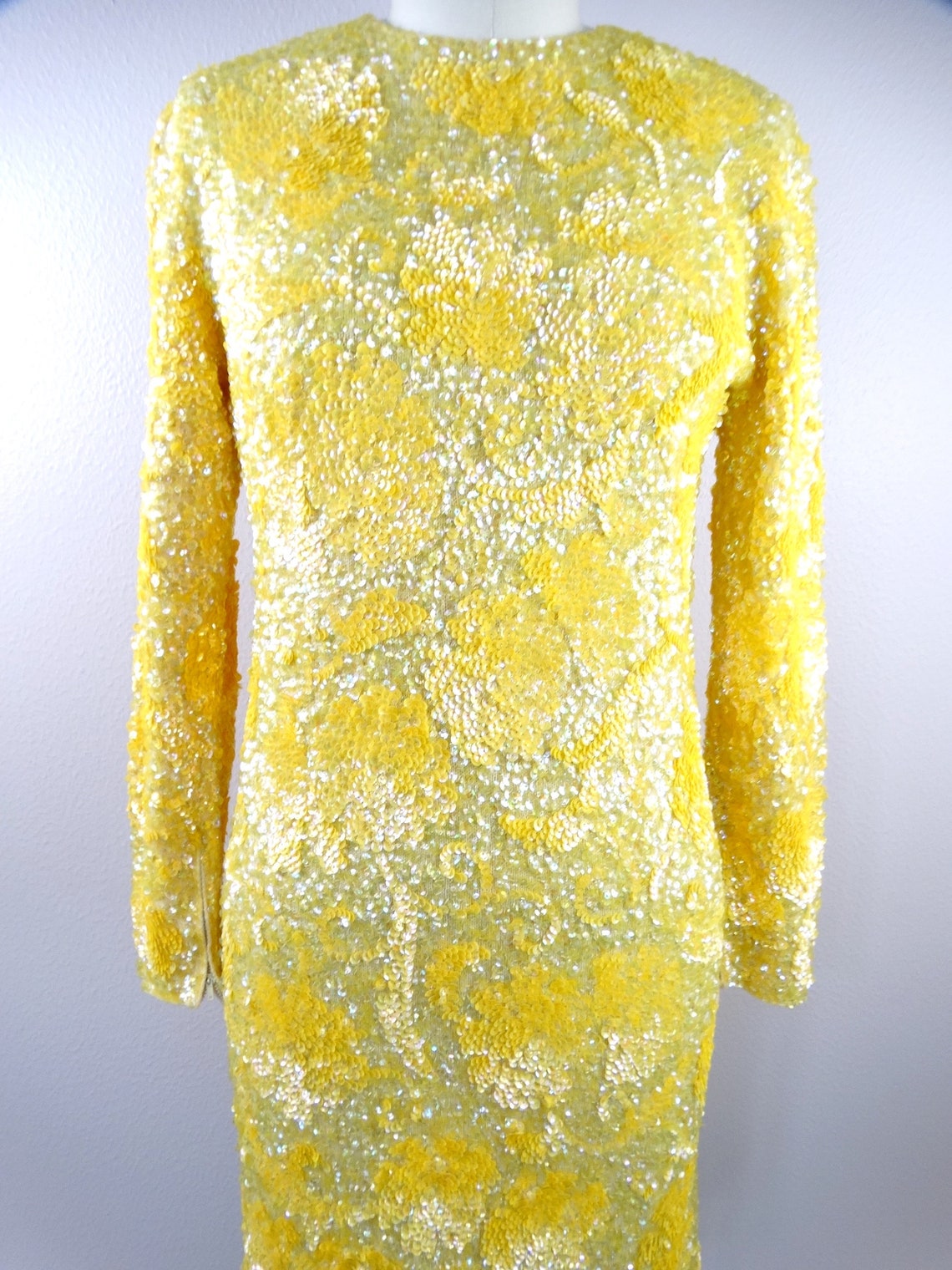 60s Vintage Yellow Sequin Dress • Hand Embellished - Etsy