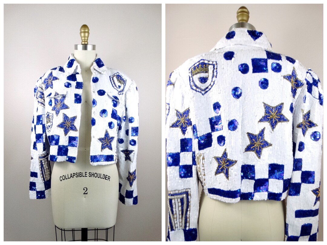 Retro Star Sequin Beaded Cropped Jacket // Bright White and Blue ...