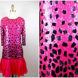 Hot Pink 80s Prom Dress // Bright Fuchsia and Black Beaded 1980's Dress ...