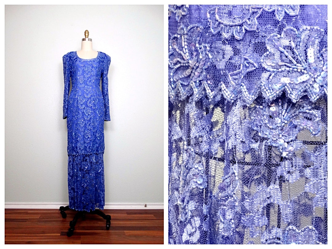 Periwinkle Lace Beaded Sequin Gown / Vintage Mother of the Bride Dress ...