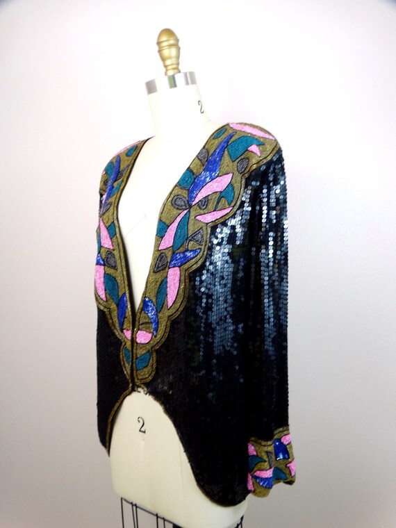 RARE Deco Micro Beaded Deep V Neck Open Top / Black S… - Gem