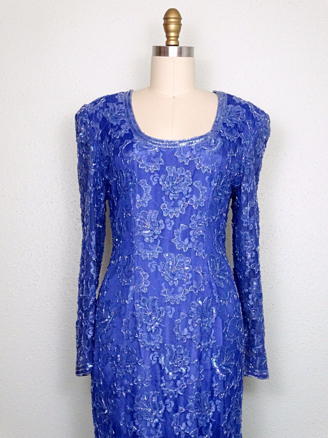 Periwinkle Lace Beaded Sequin Gown / Vintage Mother of the Bride Dress ...