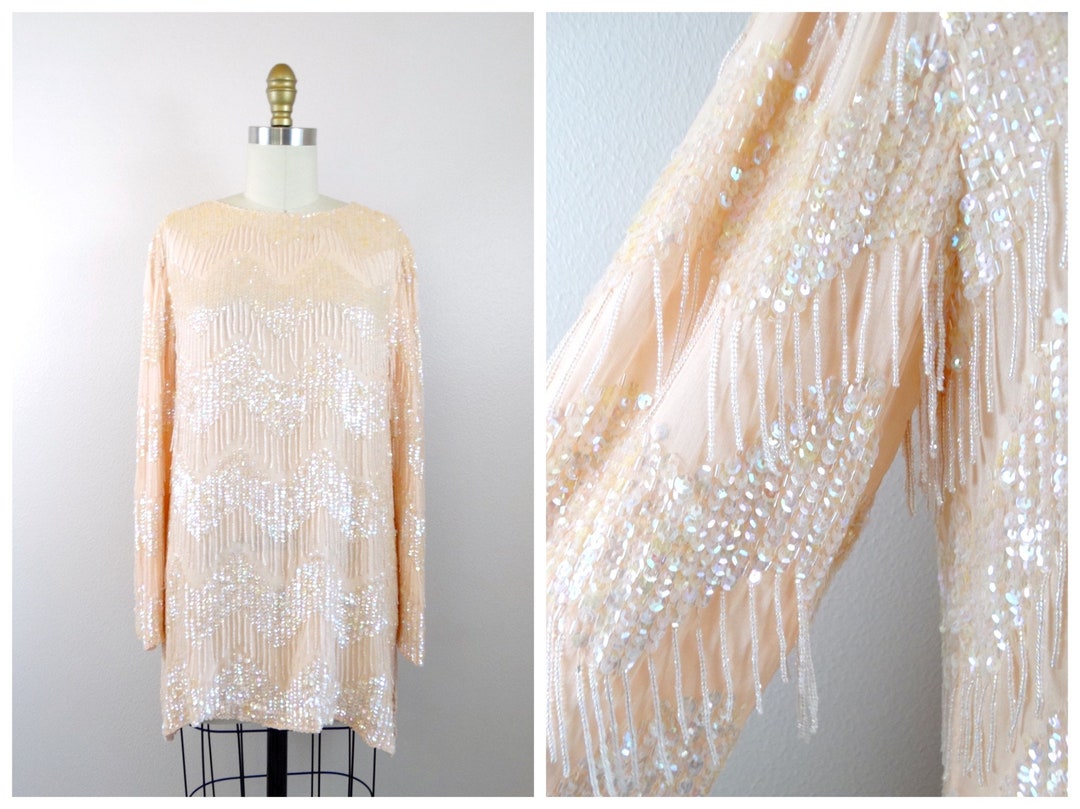 VTG Fringe Beaded Sequined Long Top or Mini Dress / Micro Mini Dress or ...