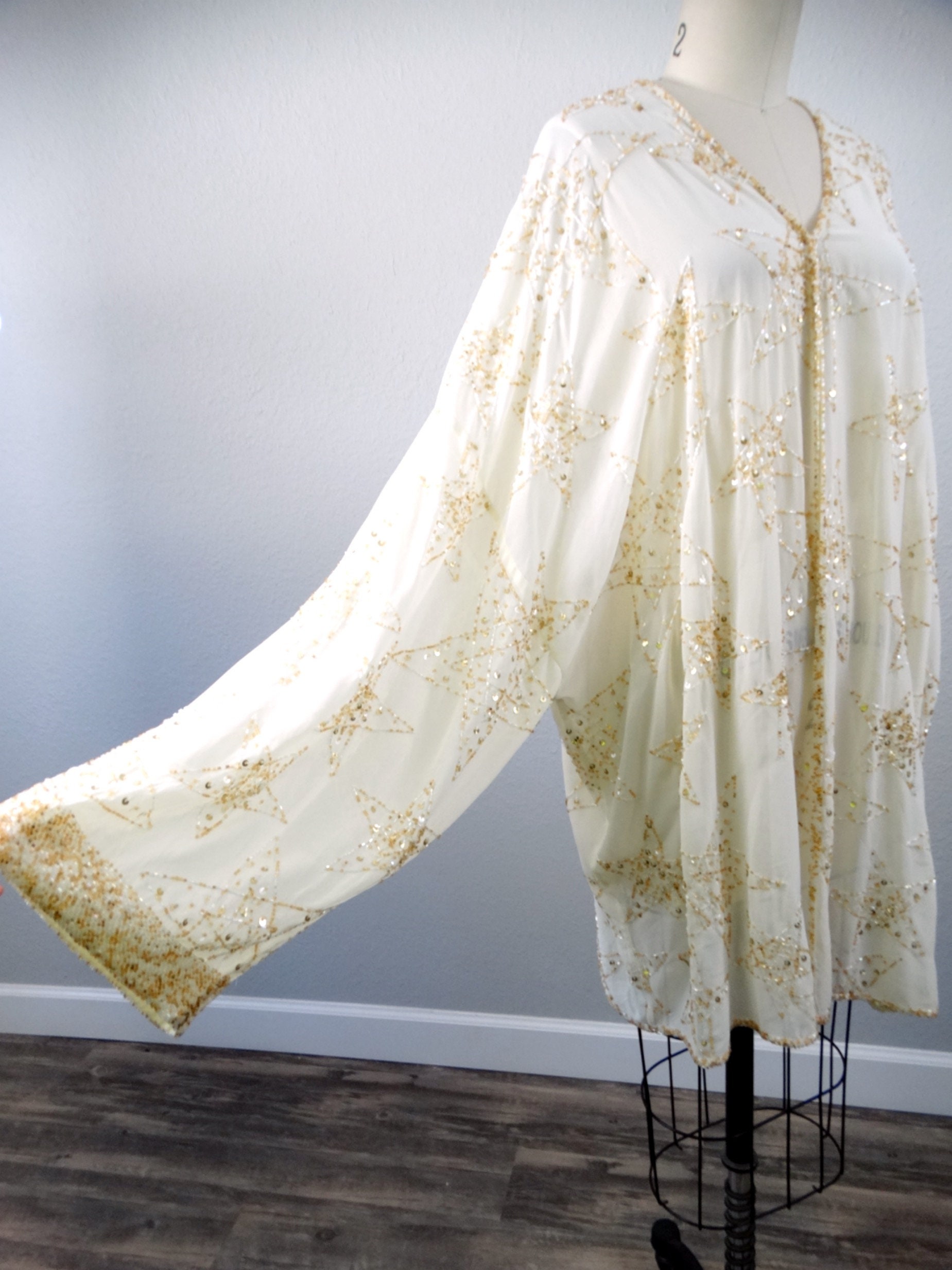 Vintage Star Beaded Duster, Ivory Gold Embellished Shrug (plus Size 2x ...