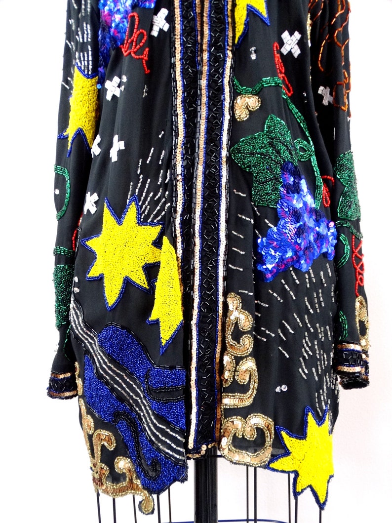 Abstract Face Bead Embellished Long Jacket / Funky Novelty Beaded ...