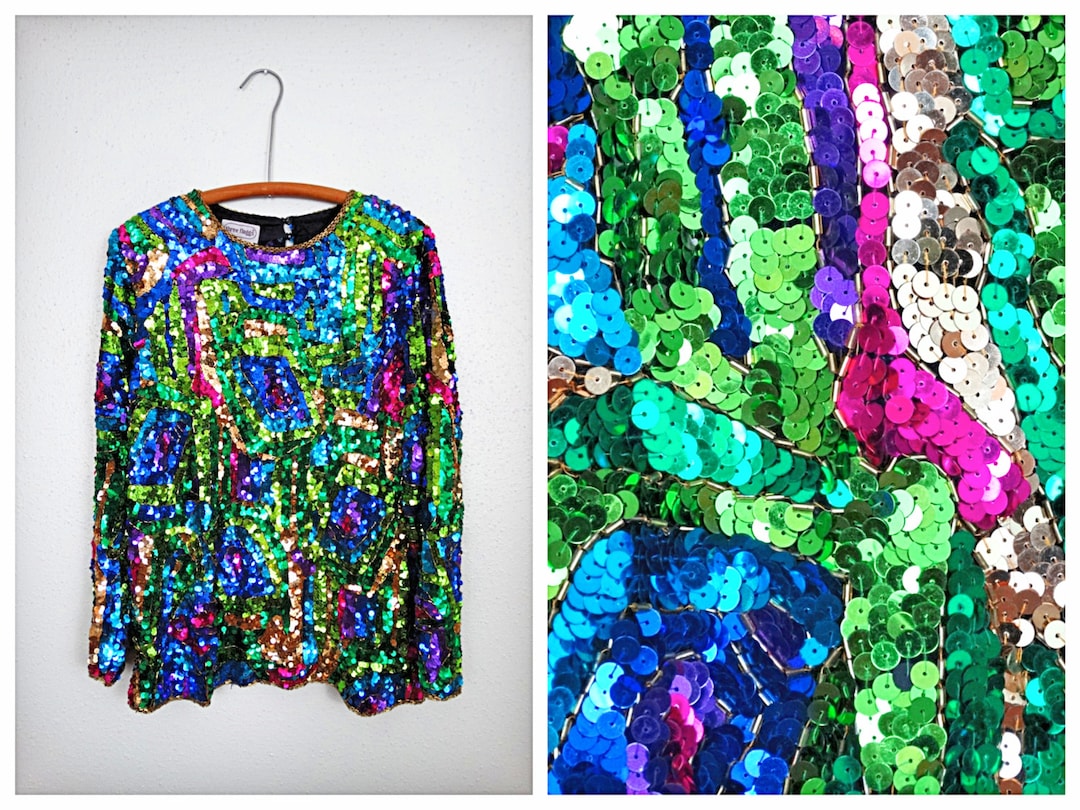 M/L Sparkly Sequin Blouse / Bold Green Blue Pink Sparkling Top / Mosaic ...