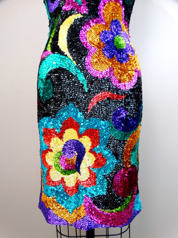 S/M Psychedelic Sequin Dress / Bright Neon Floral Seq… - Gem