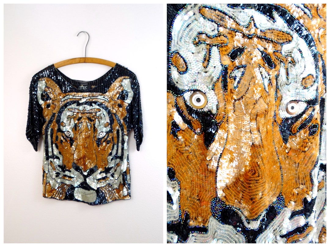 3D Tiger Eye Sequin Embellished Top // Vintage Sequined Big Wild Cat ...
