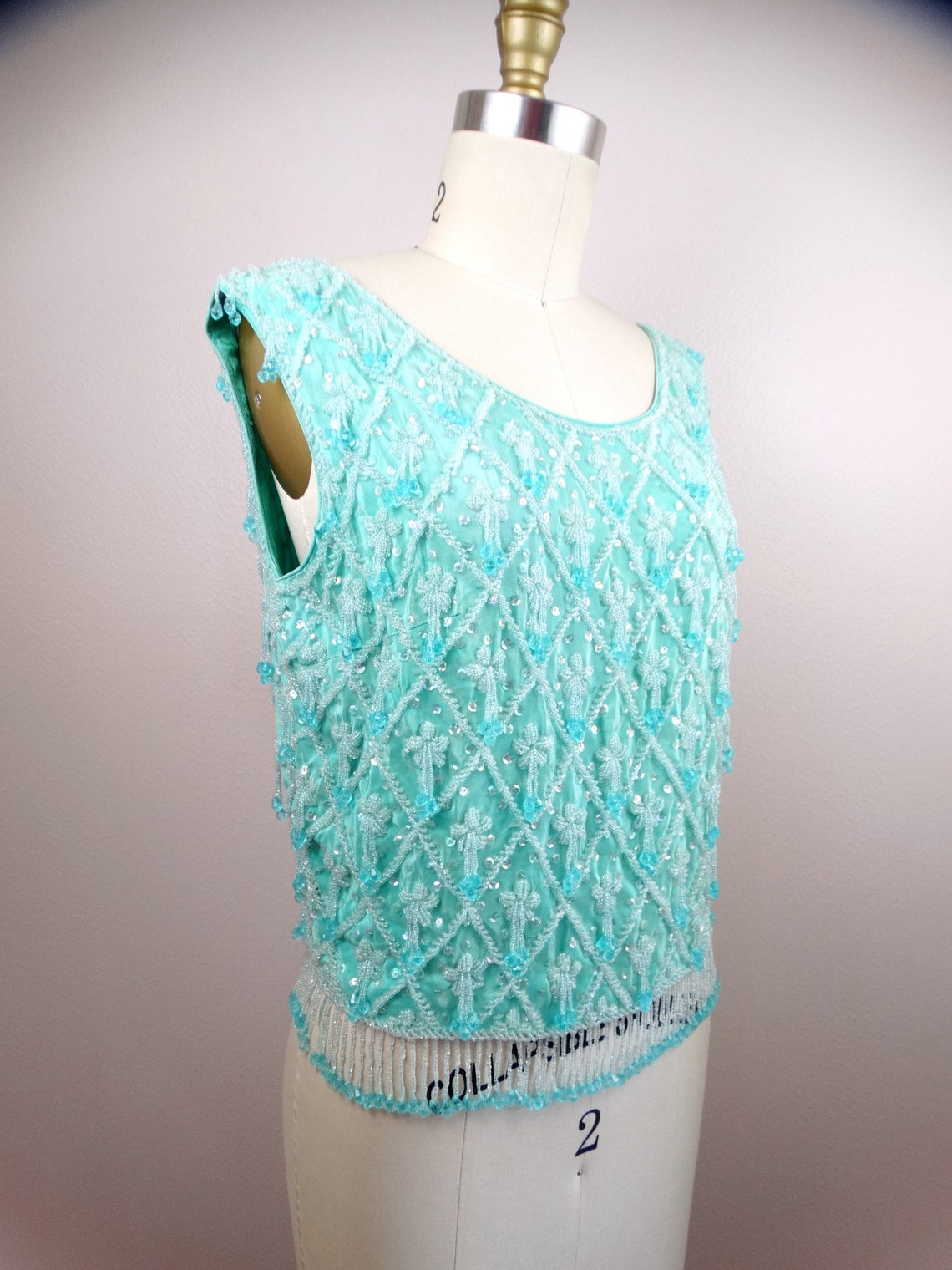 60s Tassel Beaded Sequined Top // 1960s Top W/ Seafoam Mint - Etsy