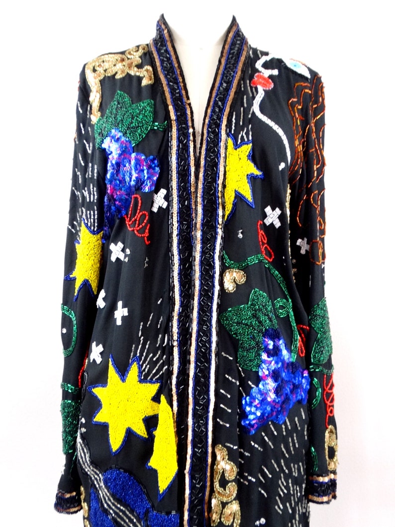 Abstract Face Bead Embellished Long Jacket / Funky Novelty Beaded ...
