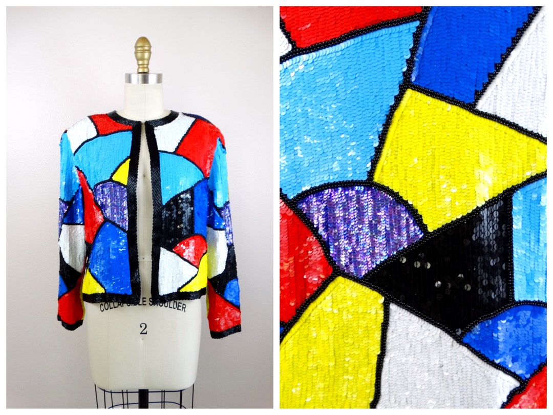 S/M Opt Art Mosaic Sequin Bolero / 80s Colorblock Sequined Trophy ...