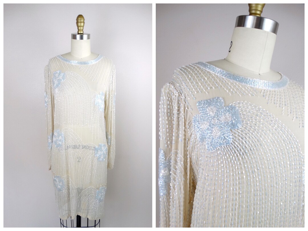Sheer Beaded Dress Shell // Vintage Ivory Silk Embellished White Beaded ...