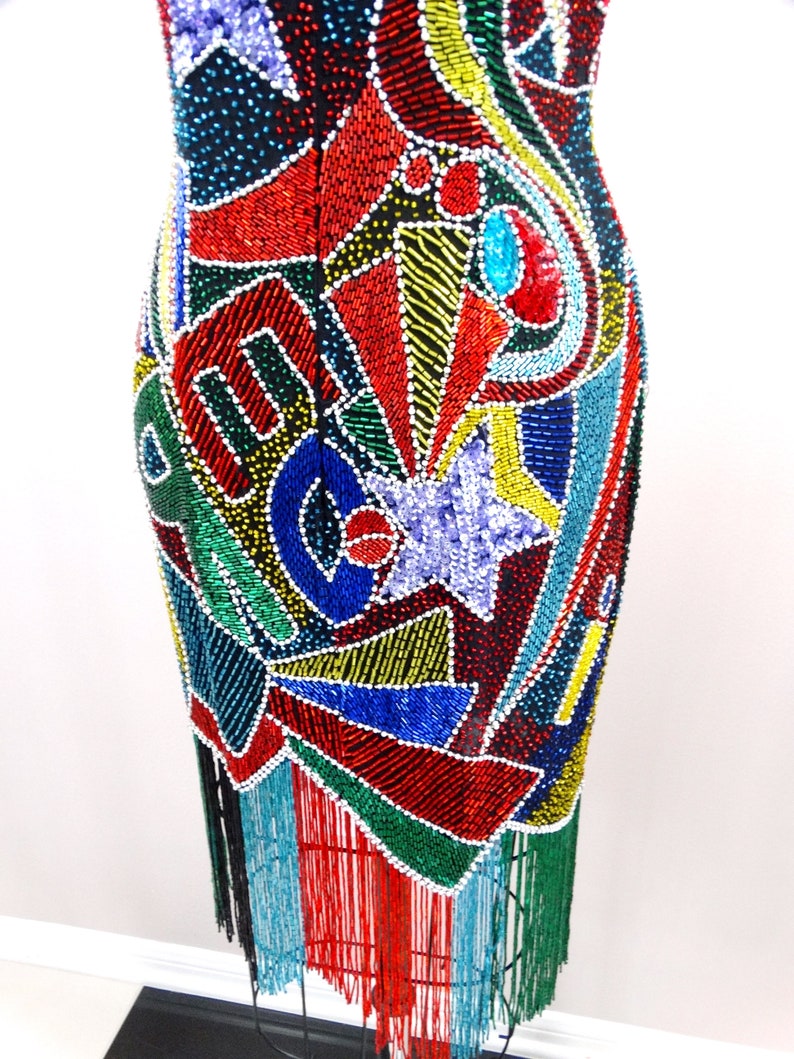 Hand Beaded Fringe Dress // Heavily Beaded Sequined Colorful - Etsy