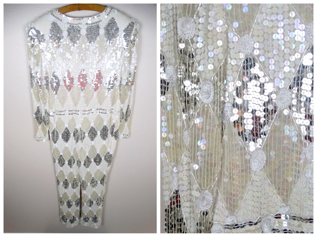 70s 80s Sequined Jumpsuit / Vintage Harlequin Design Sequin Playsuit ...
