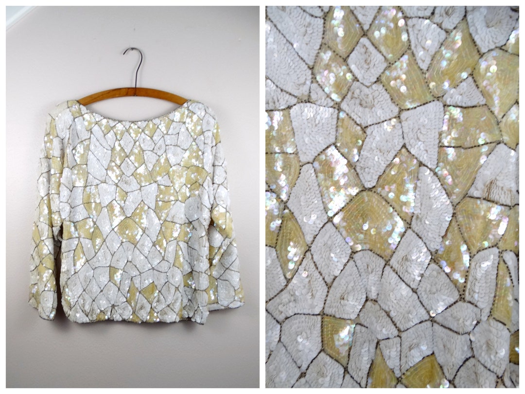 M/L Mosaic Sequin Blouse / Iridescent Ivory White and Cream Mosaic ...
