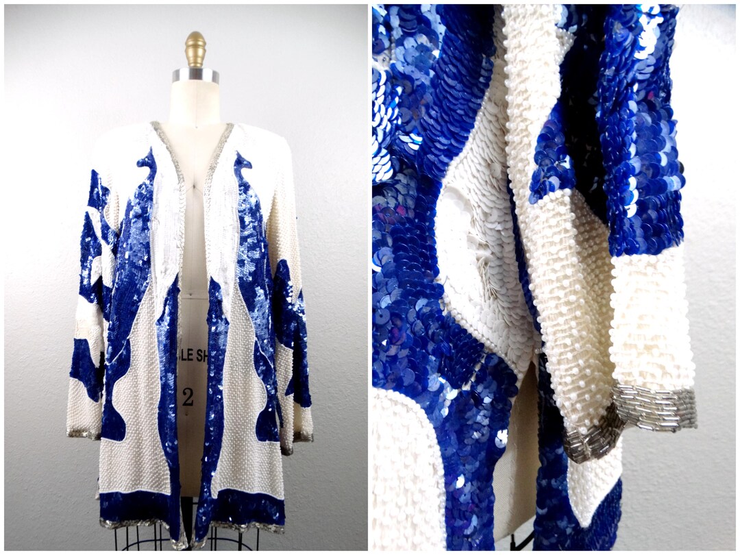 70s 80s Couture White Sequin Beaded Long Jacket / Royal Blue Sequined ...