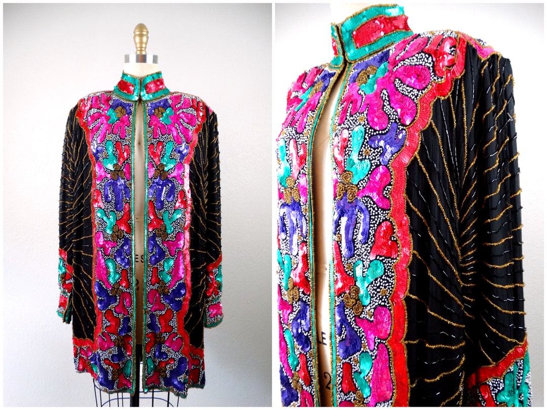 SPARKLING Retro Sequined Duster Coat / Pink Purple & Red Art Deco ...