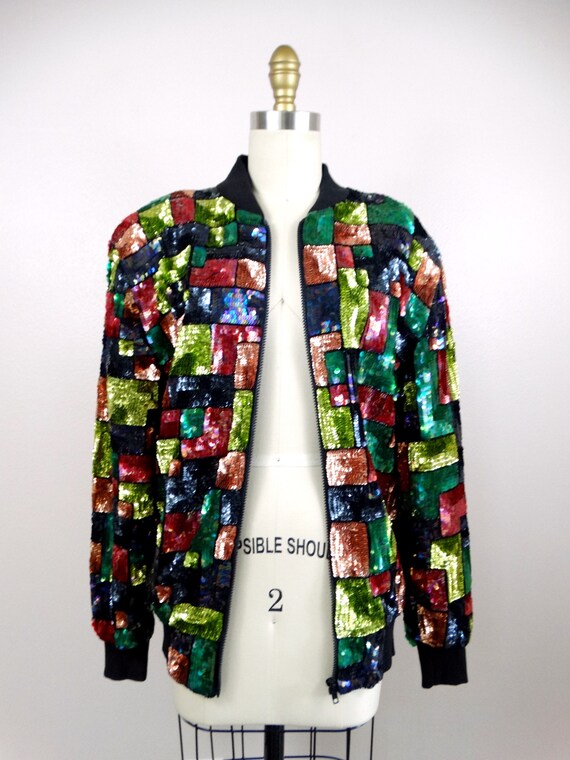L/XL 80’s Retro Sequin Jacket // Colorful Colorblock … - Gem