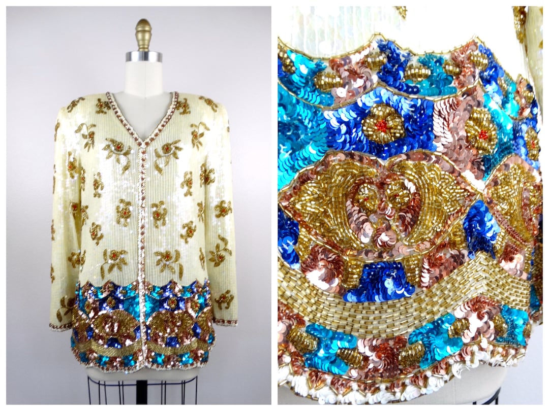 S/M Jewel Beaded Sequin Top / Opalescent Ivory Embellished Blue and ...