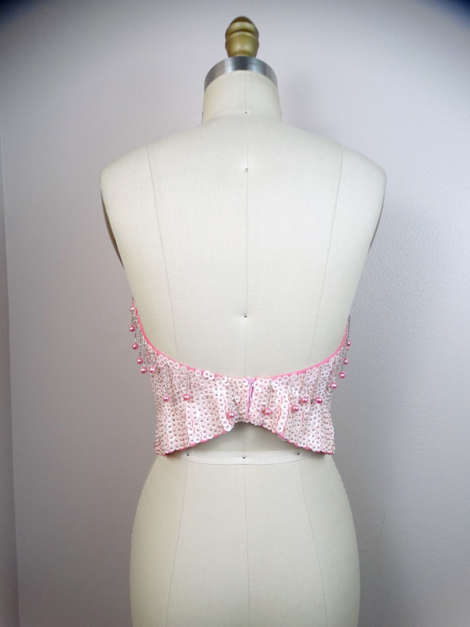 Glam Pink Fringe Pearl Beaded Sequined Bustier // Pastel Pink Sequin ...