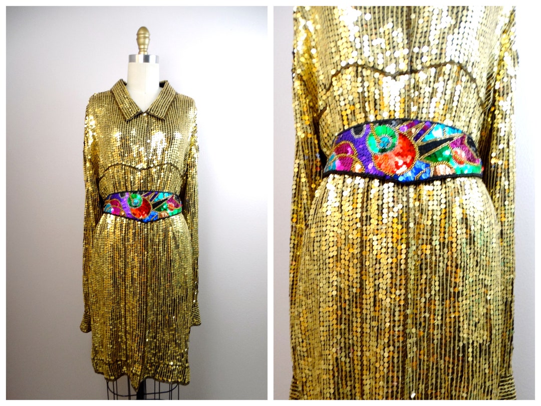 80s Flashy Gold Sequined Button Down Tunic Shirtdress / Plus Size ...