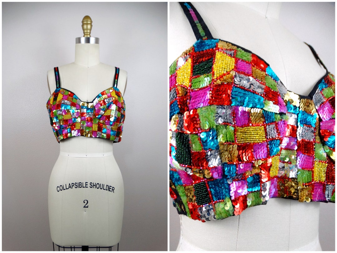 Y2K Sequin Bralette Top // Rainbow Sequined Corset // Sexy Colorblock ...