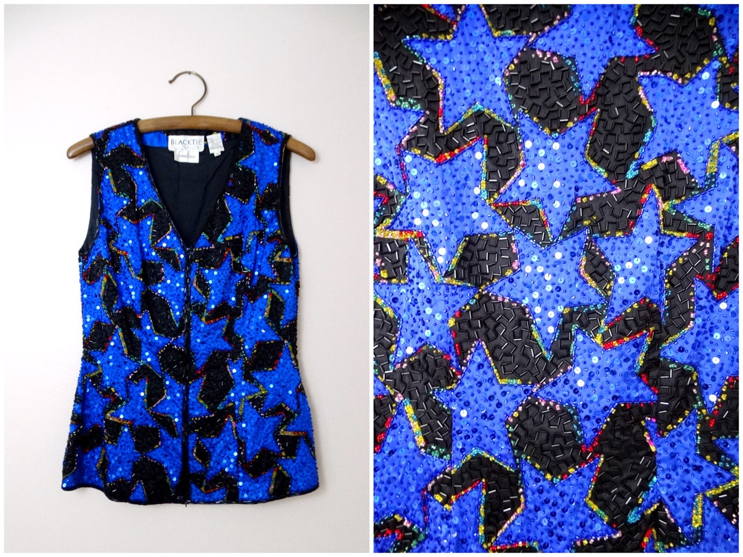Blue Star Beaded Vest // Retro Stars Sequin Embellished Vest by Black ...