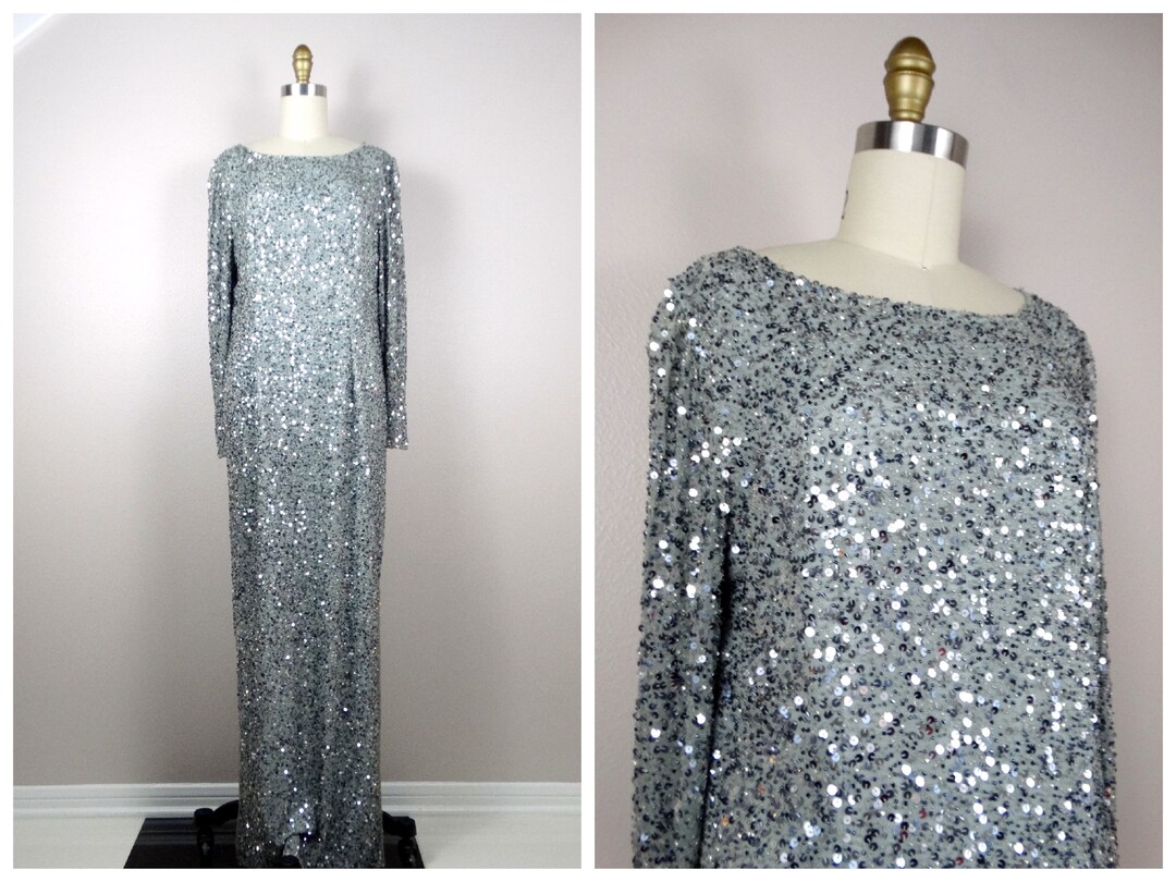 90s Fully Beaded Gown / Silver & Gray Sequin Silk Full Length Dress ...
